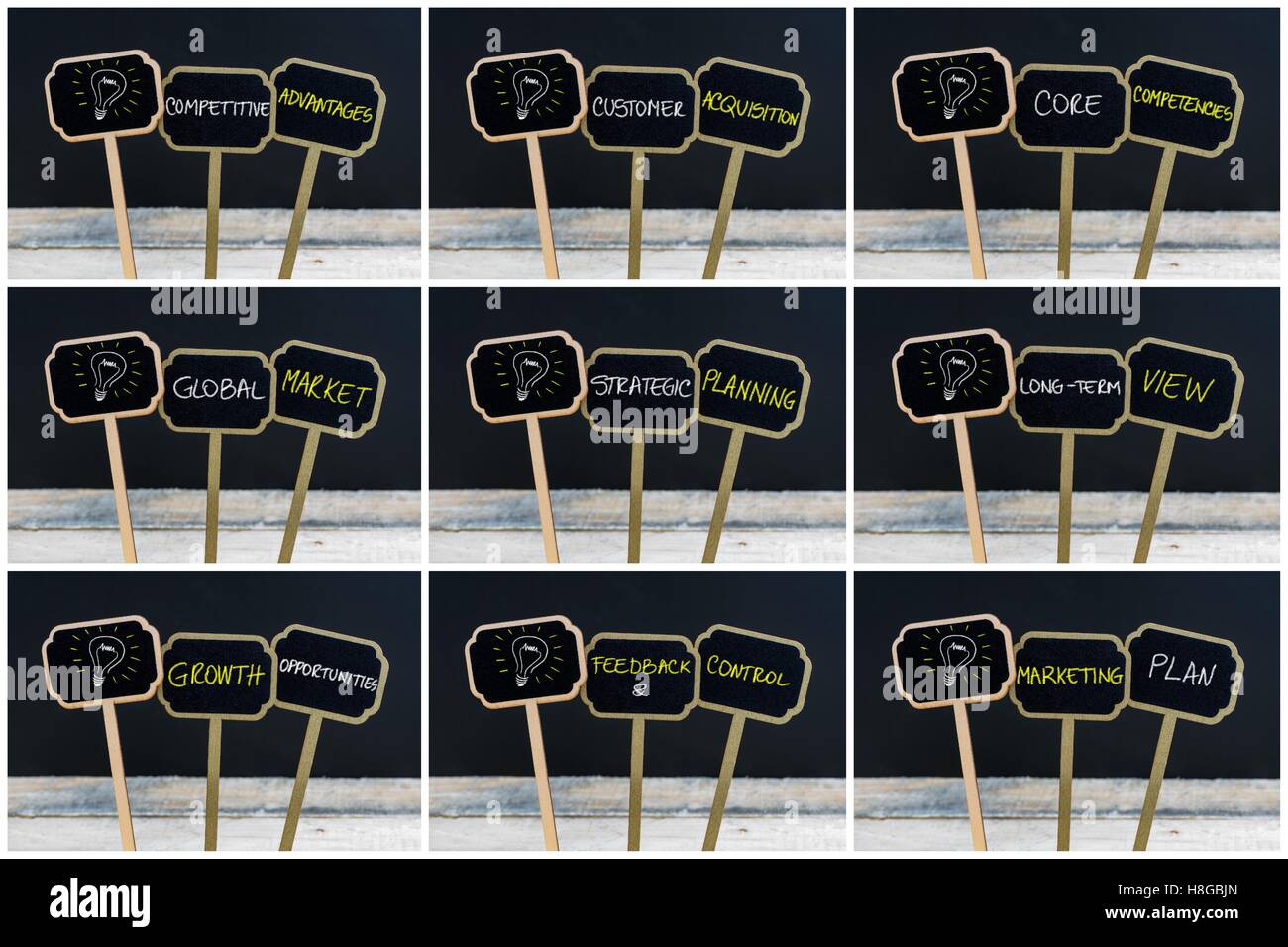 Photo collage of concept messages written with chalk on wooden mini blackboard labels and light ...