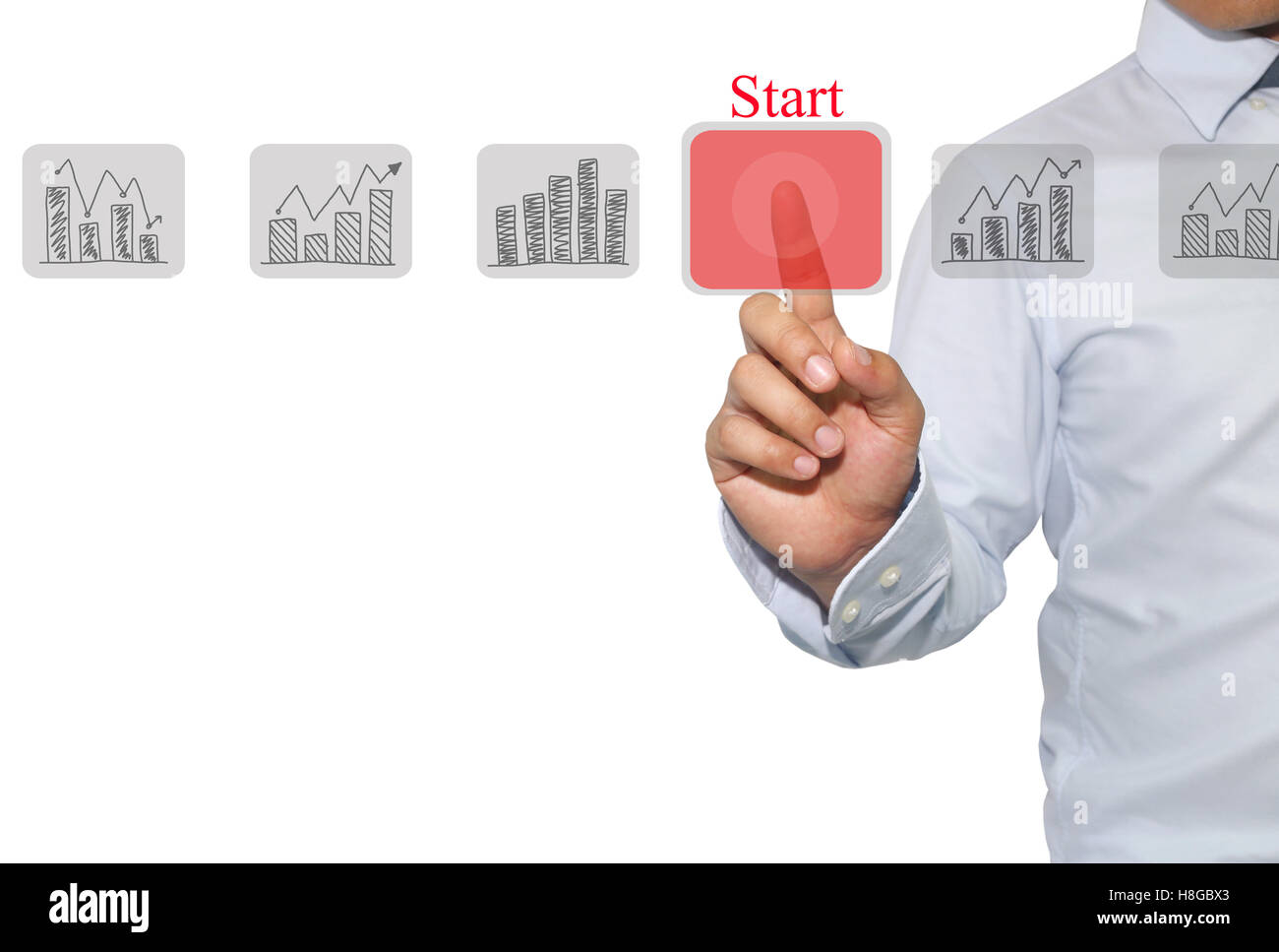 hand of a man touching modern button pressing in concept to start new ...