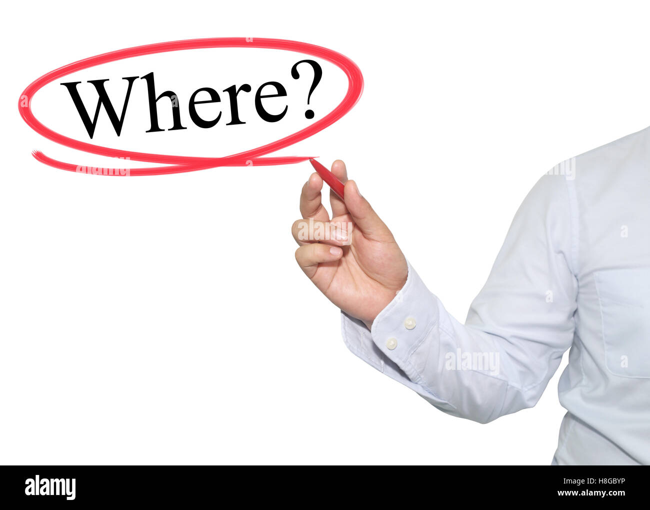 Hand of man write text Where with black color isolated on white ...