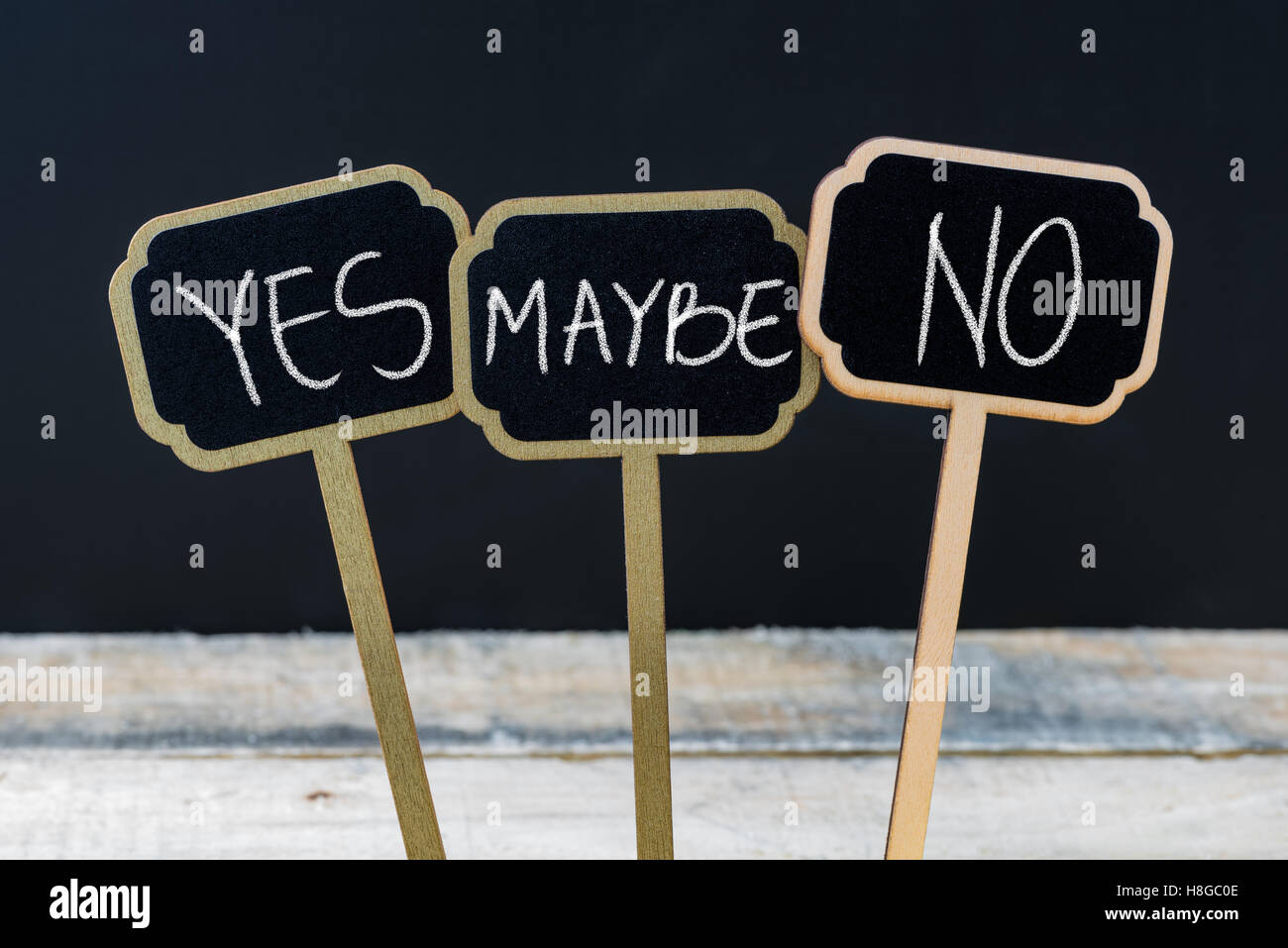 Concept message YES MAYBE NO written with chalk on wooden mini ...