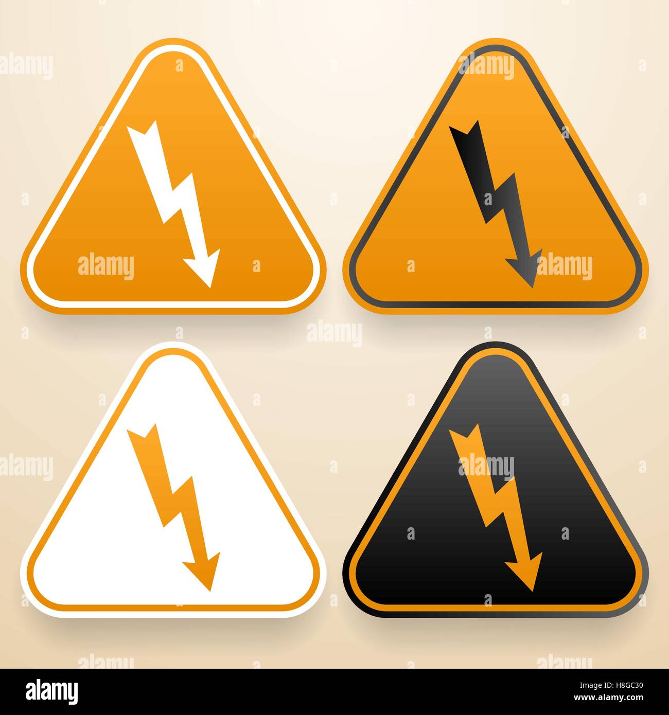 Set of triangular signs of danger of white, black and orange color ...