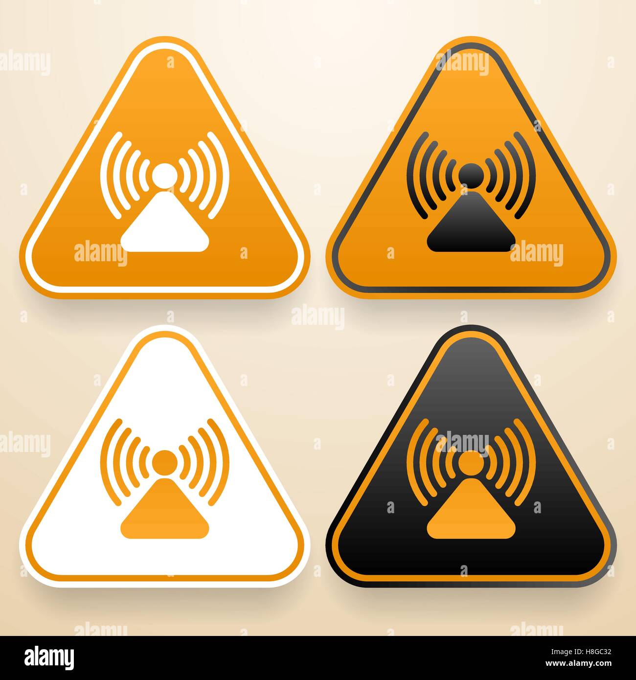 Set of triangular signs of danger of white, black and orange color ...