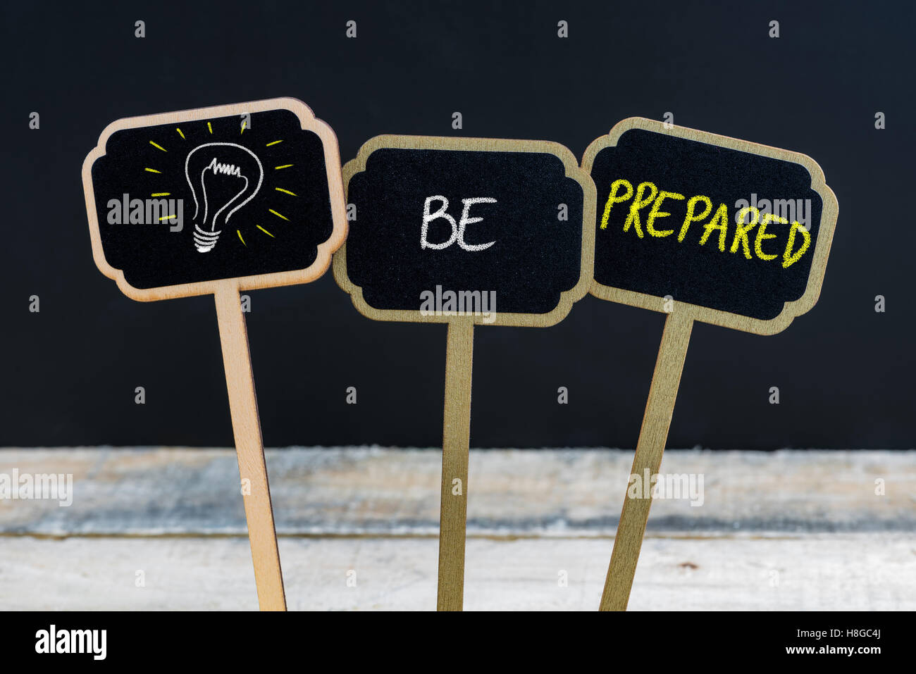 Concept message BE PREPARED and light bulb as symbol for idea written ...