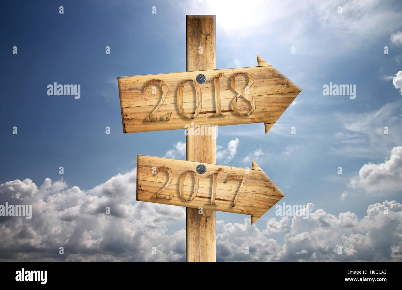Wood sign of 2017 and 2018 in in right on blue sky background,concept ...