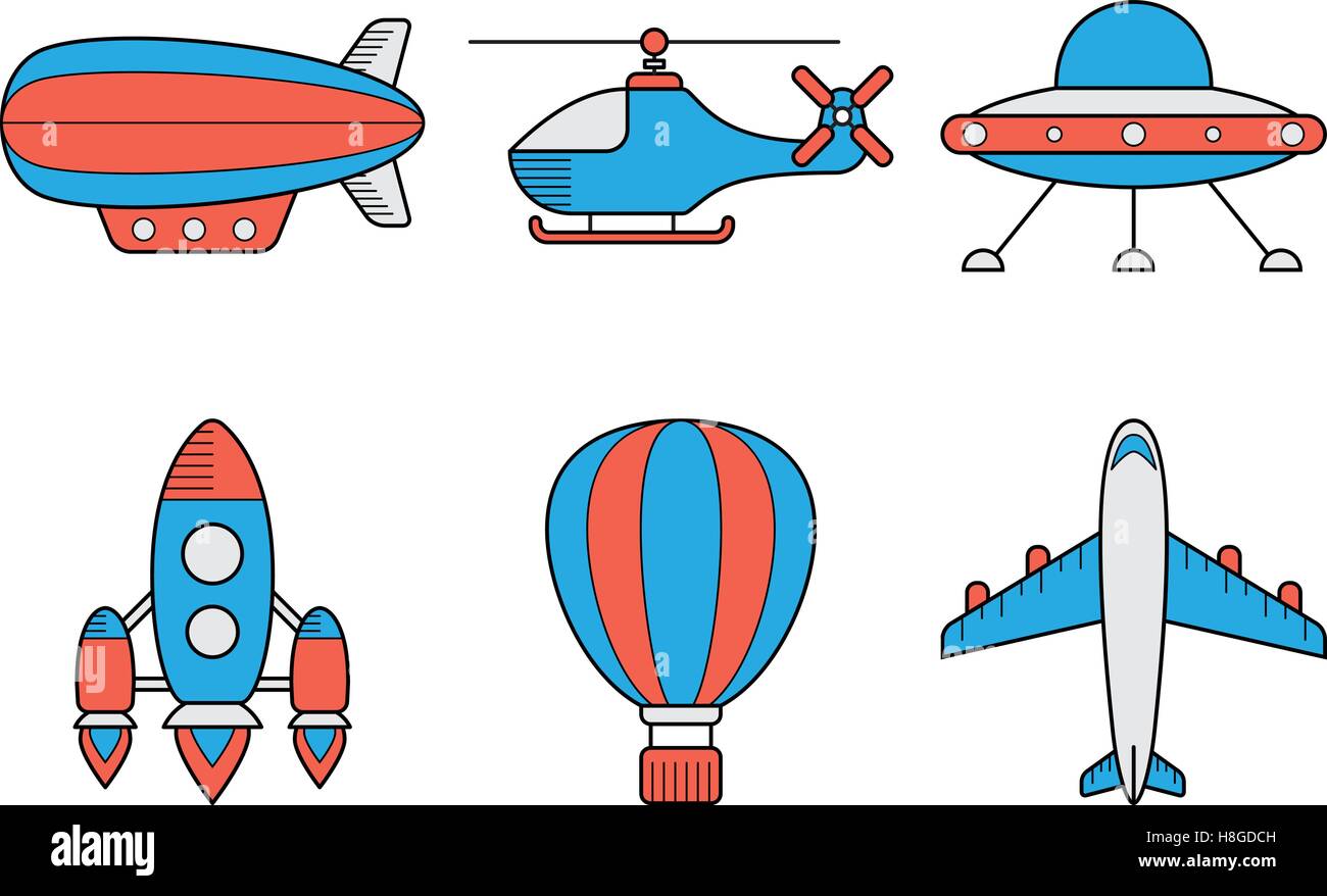 Icon set of aero vehicles. Helicopter plane UFO dirigible aerostat ...