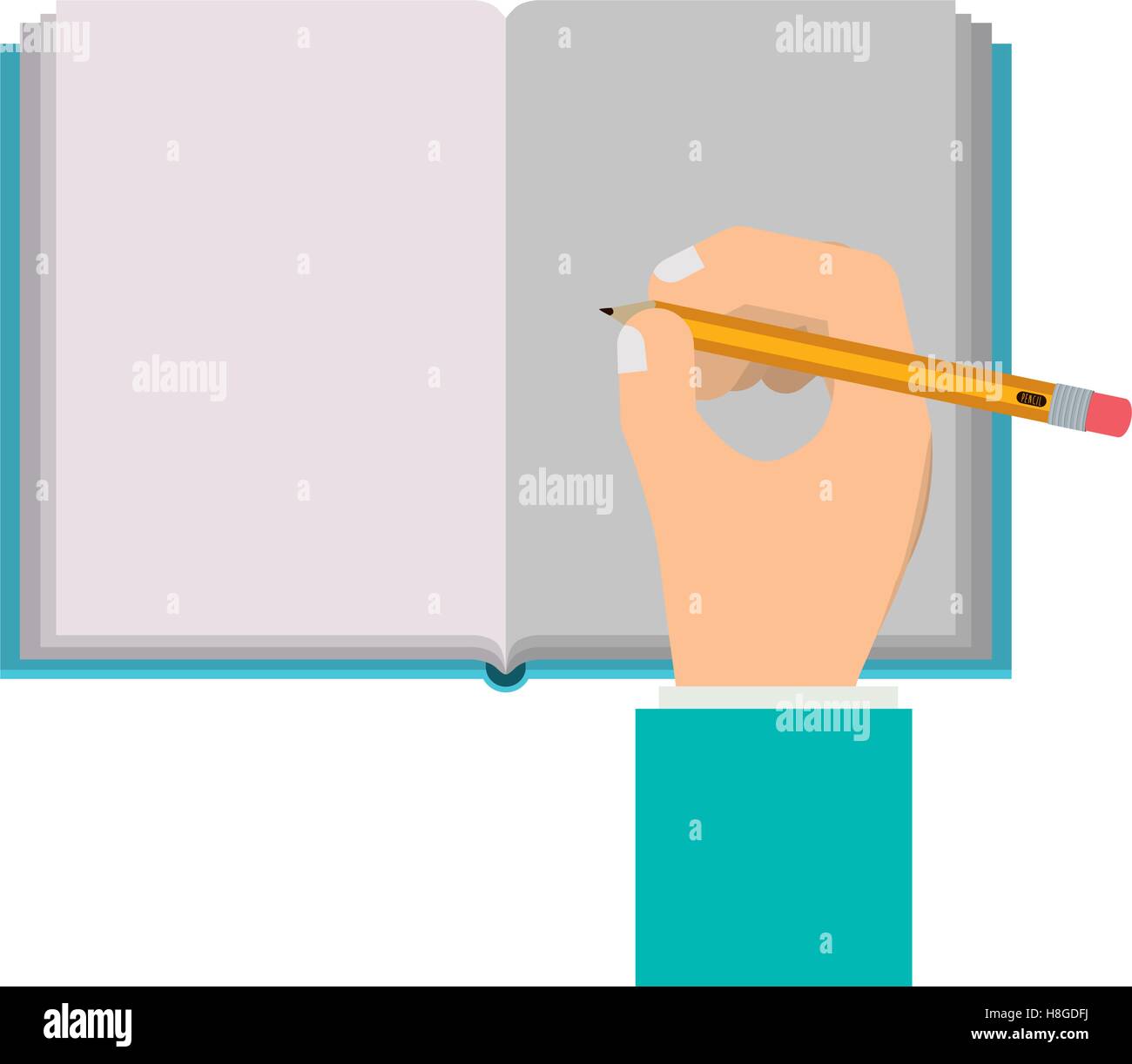human hand writing on a open book over white background. colorful ...