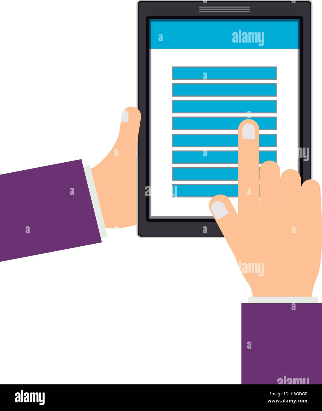 human hand touching a screen of a tablet device over white background ...