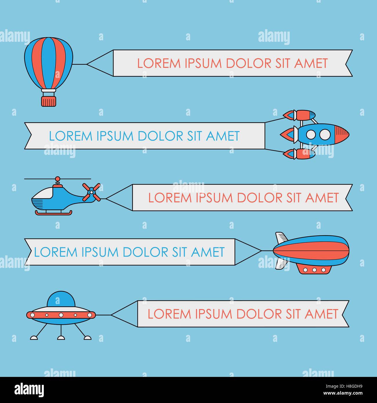 Set of air vehicles with banners. UFO rocket helicopter aerostat ...