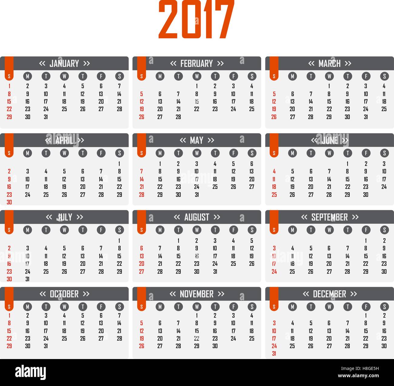 Calendar for 2017. Week starts on Sunday Stock Vector Image & Art - Alamy