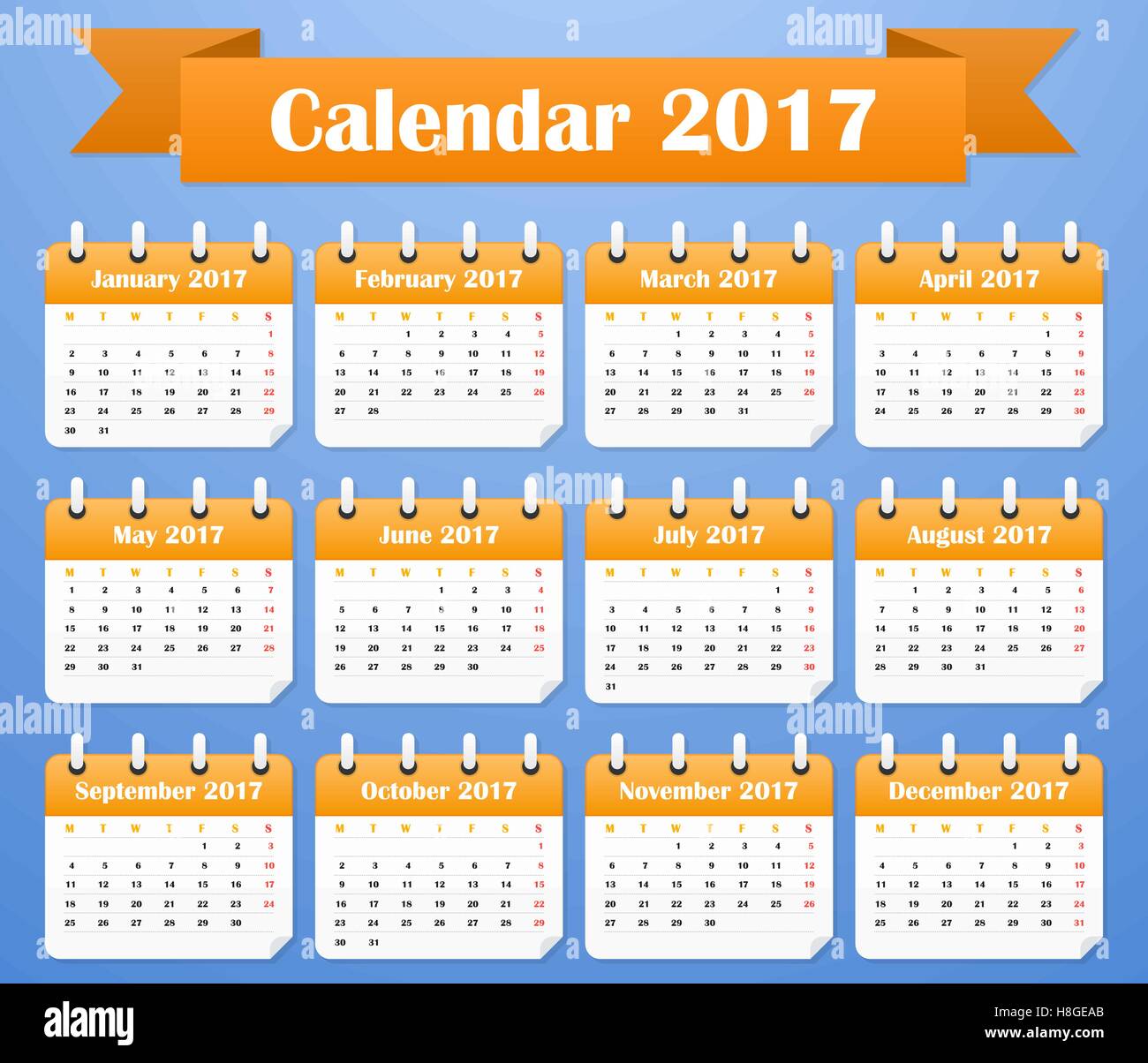 European Calendar for 2017. Week starts on Monday. Vector illustration ...