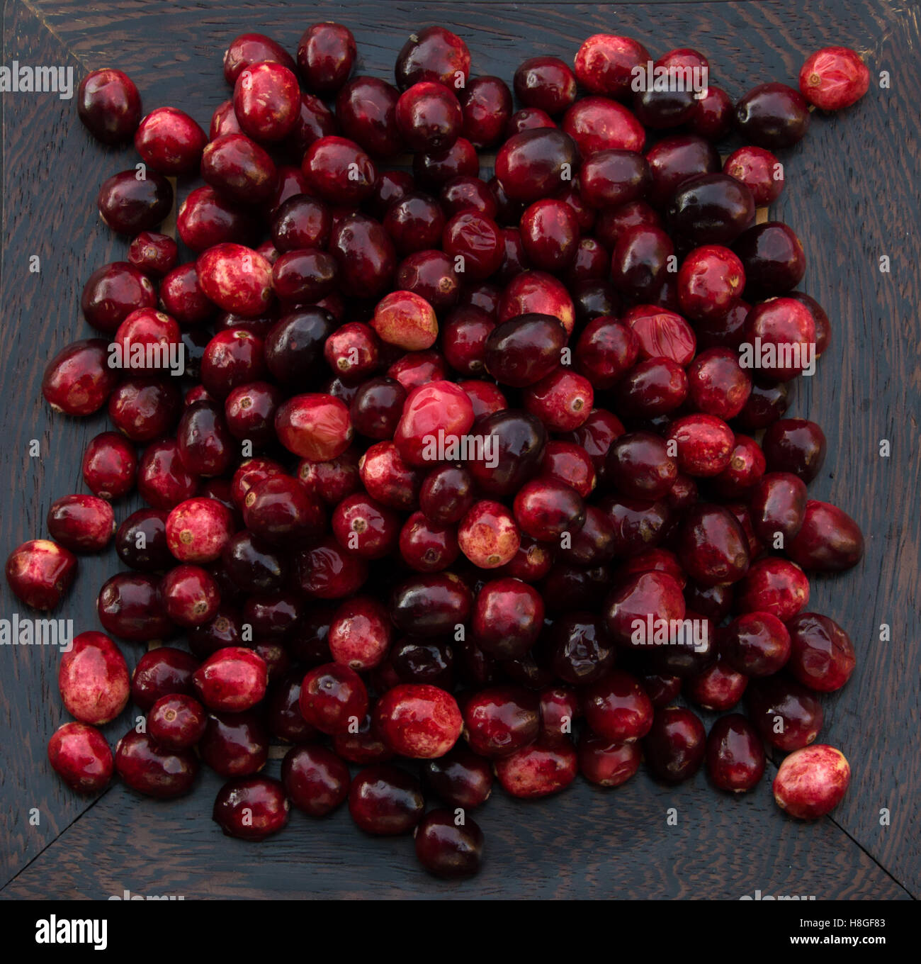 Fresh red and maroon cranberries heaped on a dark wood platter ...