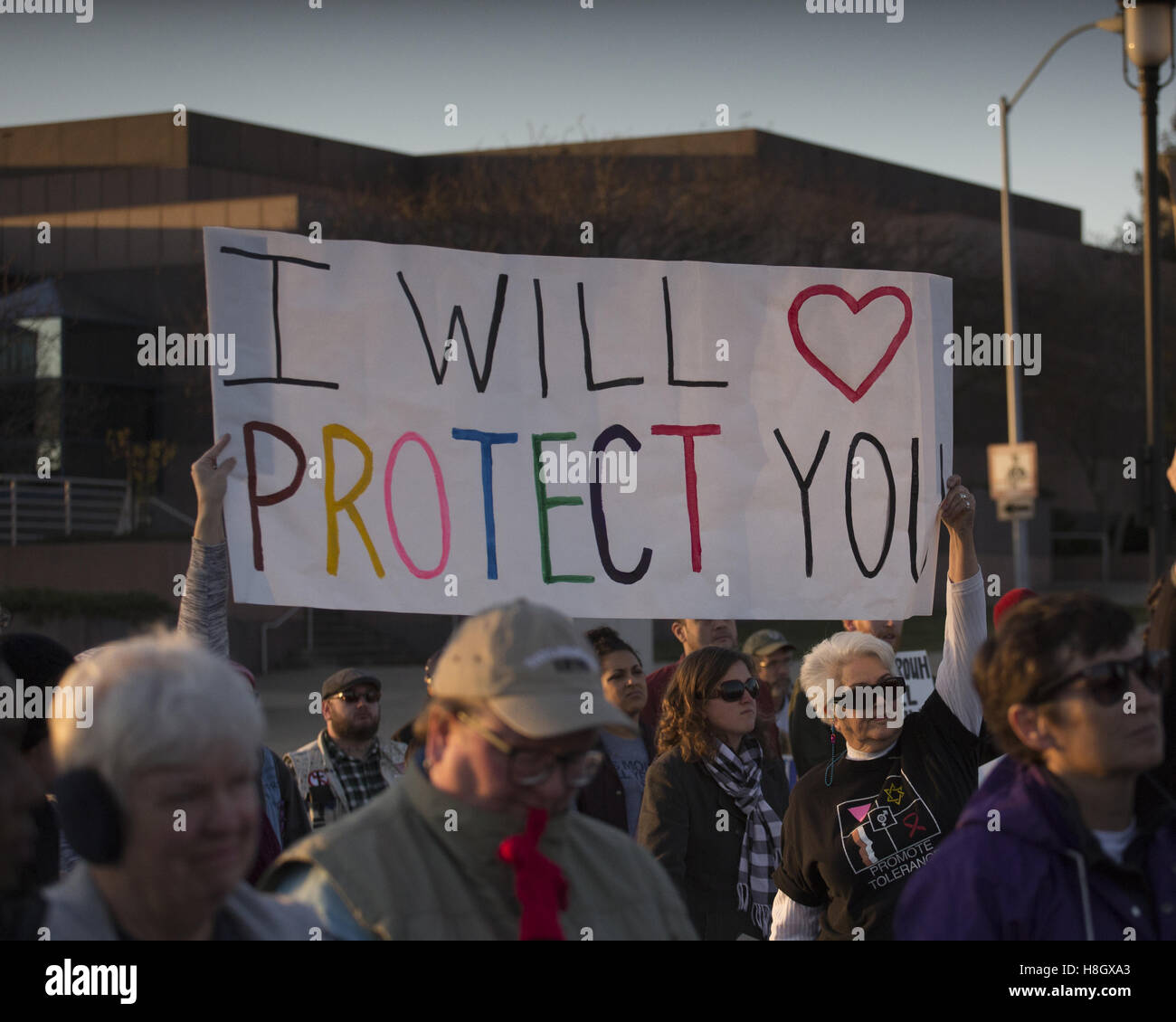 Des Moines, Iowa, USA. 12th November, 2016. Sign held above the crowd ...