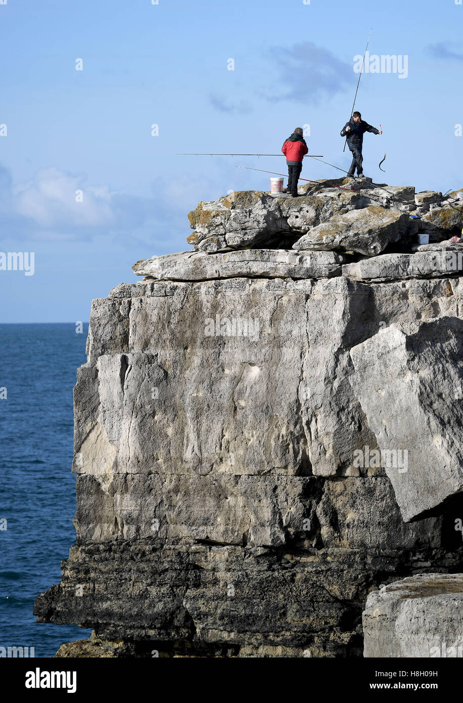 Portland, Dorset, UK. 13th Nov, 2016. Fishing off Pulpit Rock, Portland ...
