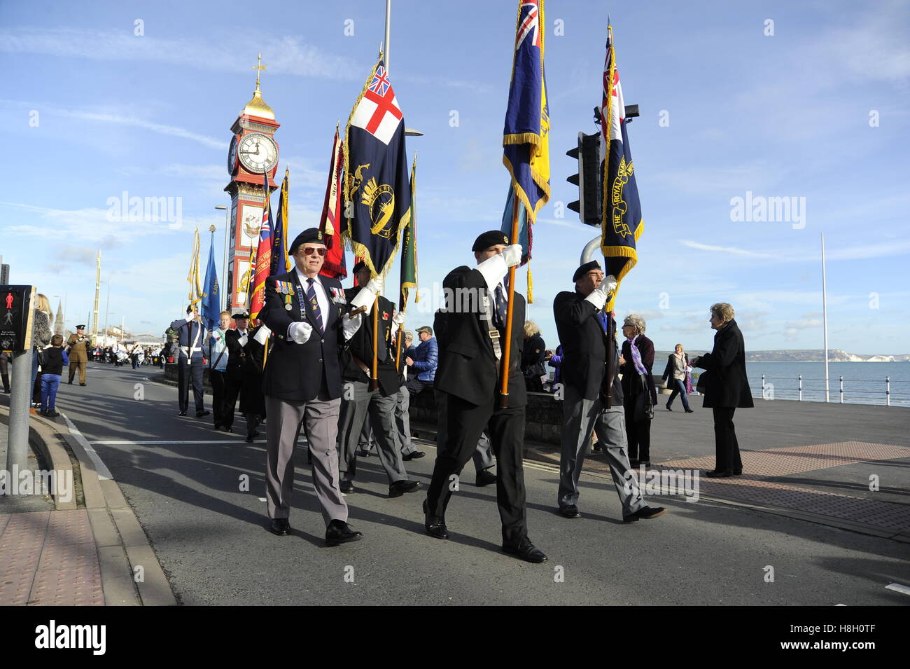 Weymouth, Dorset, UK. 13th November 2016. Standard Bearers parade along ...