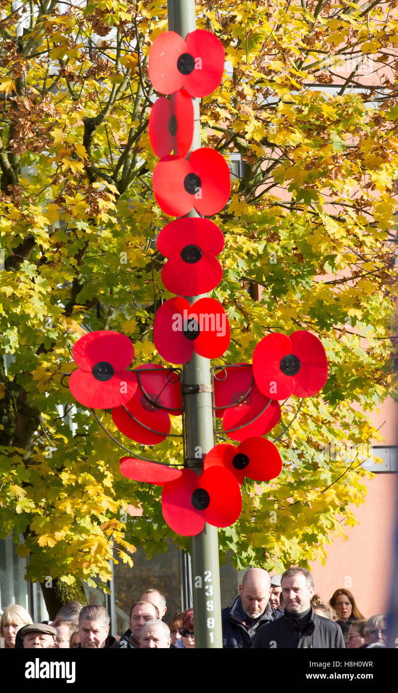 Orpington, UK. 13th November, 2016. Large poppies adorn a lamp post at ...