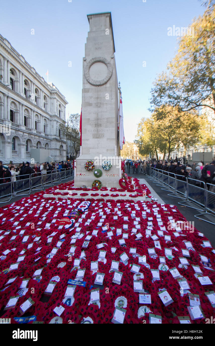 London UK.13th November 2016. Large crowds view the memorial wreaths ...