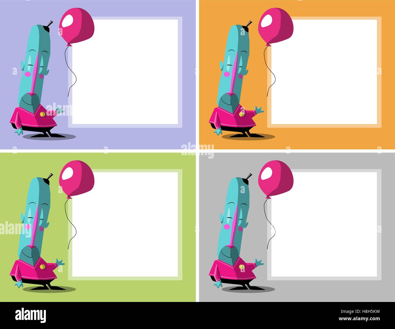 happy blue cartoon character with balloon postcard size Stock Vector ...