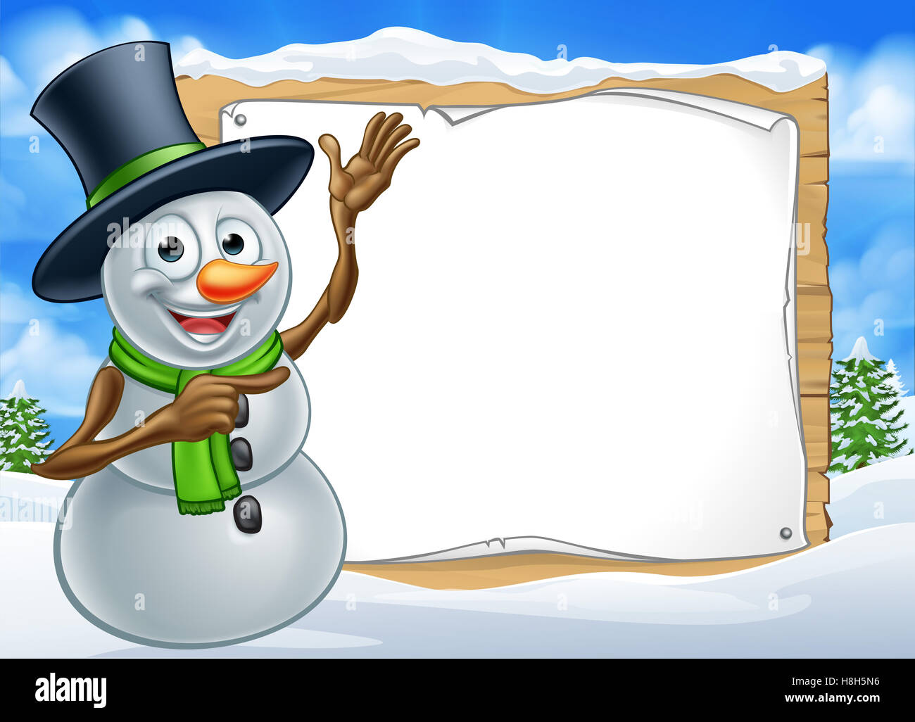 A happy Christmas snowman cartoon character in a winter scene pointing ...