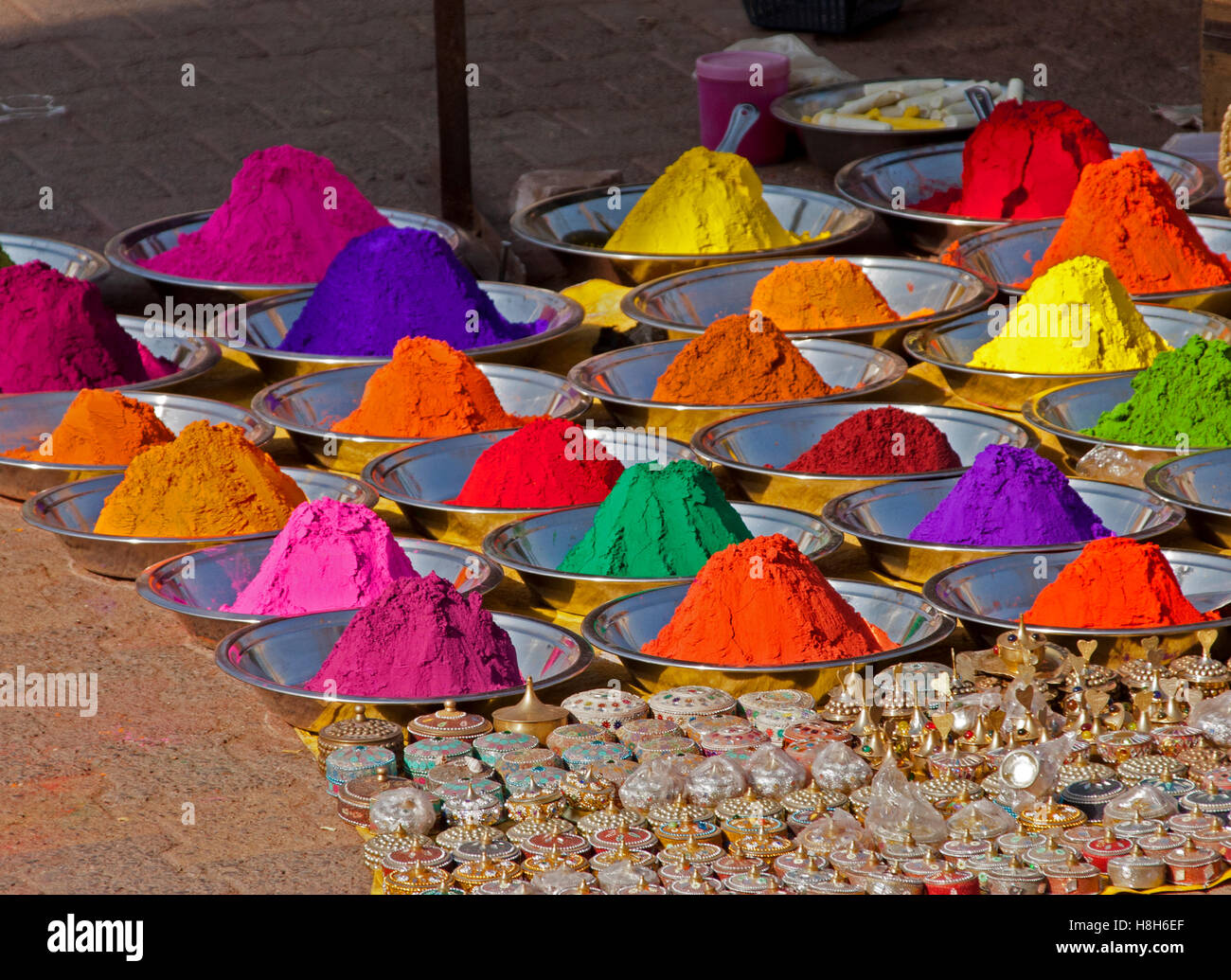 A variety of Indian Dye Powders or Holi colors on display in an open ...