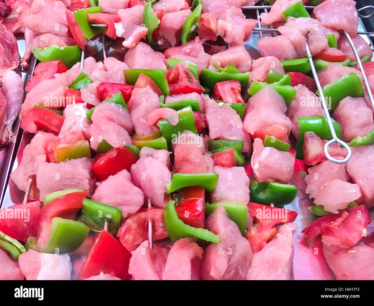 Raw Turkish Traditional Chicken Sish kebab ready for cook at a ...