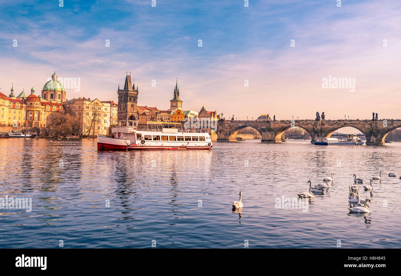 Prague cityscape with Vltava and Charles Bridge Stock Photo - Alamy