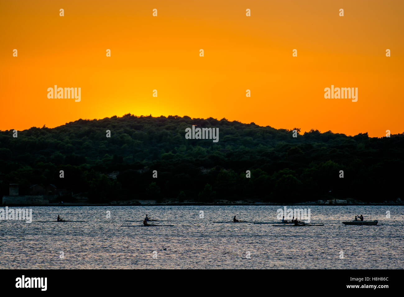 Group of Rowers on Water at Sunset Stock Photo - Alamy Group of Rowers on Water at Sunset Stock Photo - Alamy