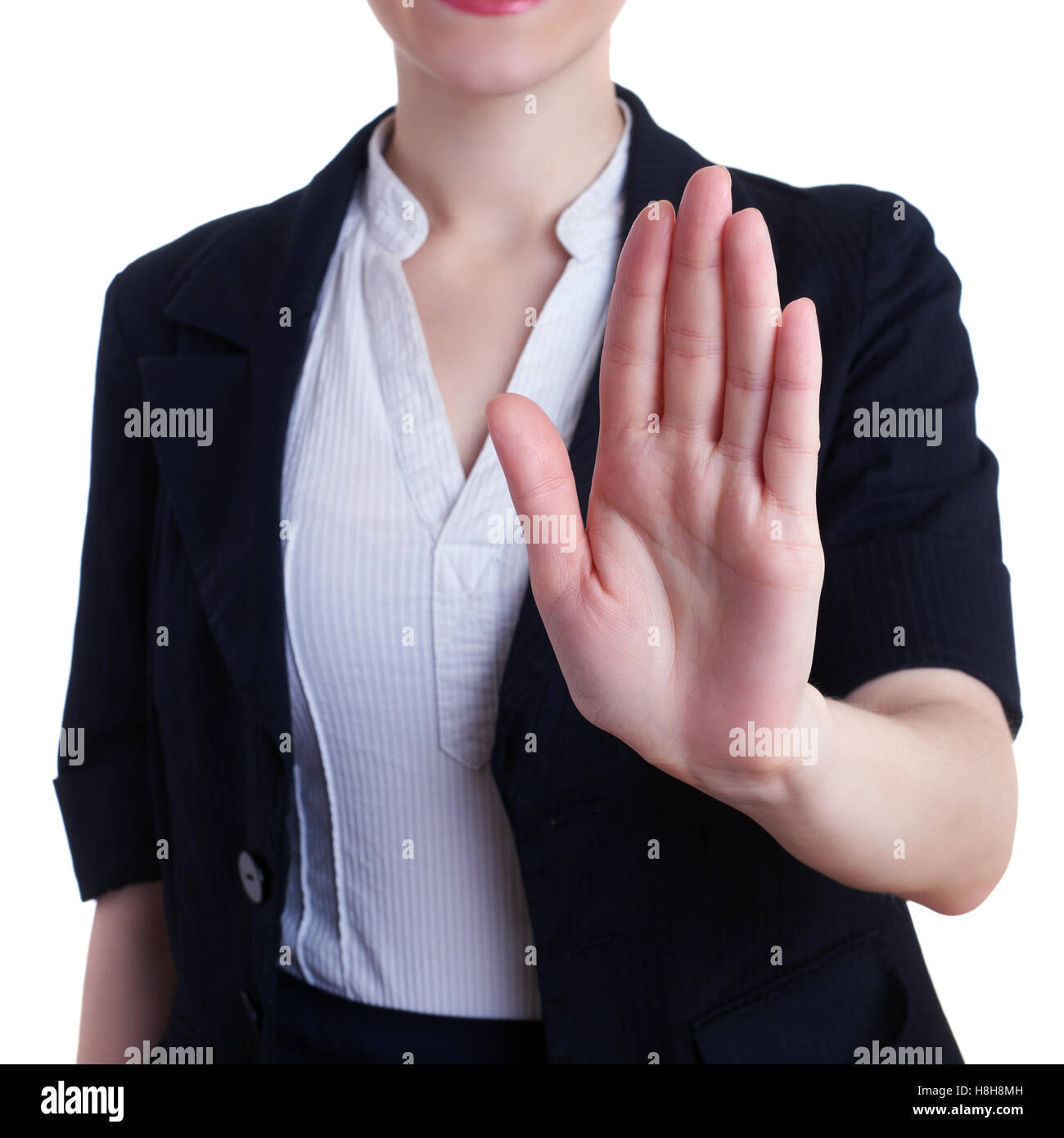Businesswoman standing over white isolated background Stock Photo - Alamy