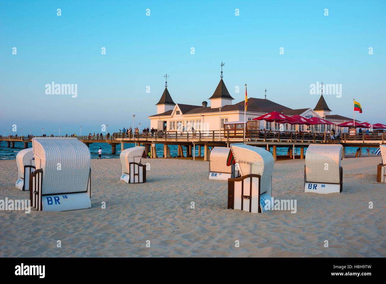 Ahlbeck pier with beach chairs, seaside resort Ahlbeck, Usedom Island ...