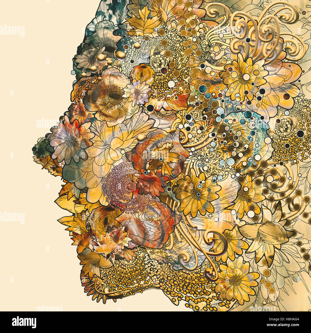 a lot of colorful flowers forming woman face,floral illustration ...