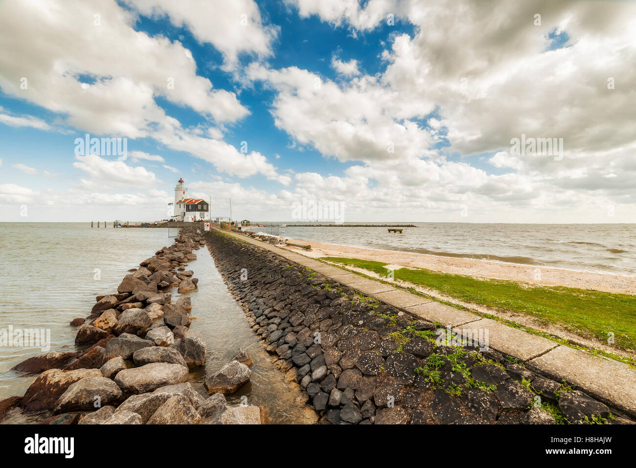 Landscape with lighthouse on seashore, dramatic seascape Stock Photo ...