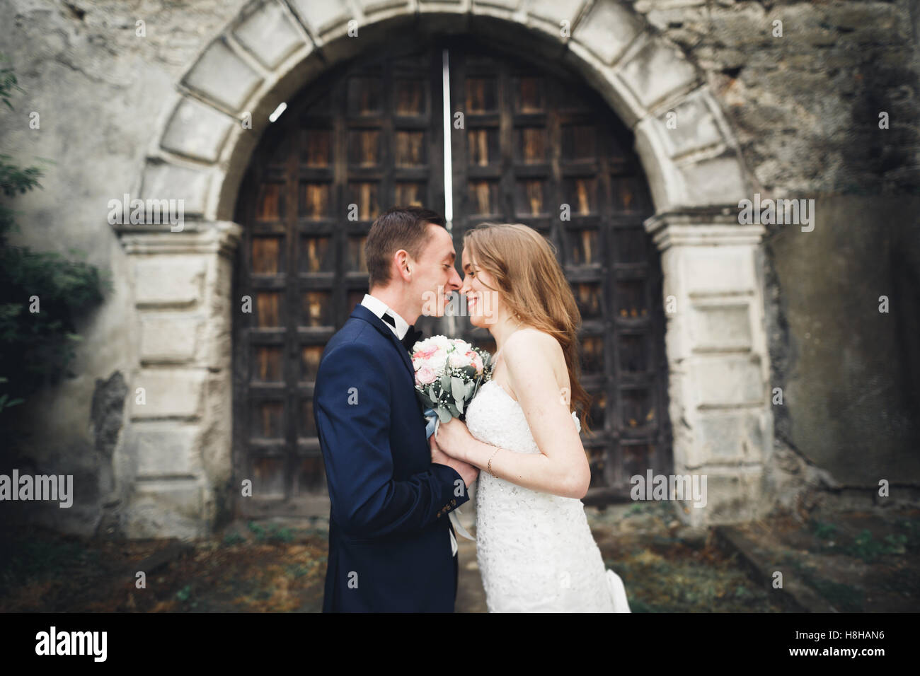 Happy wedding couple hugging and smiling each other on background old ...
