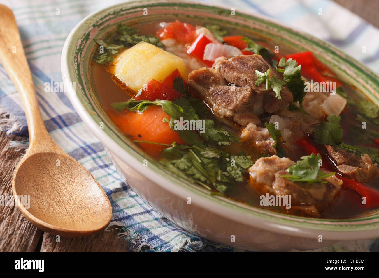 Arabic thick lamb soup with vegetables closeup at the plate on the ...
