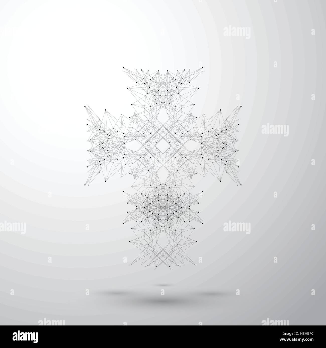 Religious cross on the gray background. Connected lines with dots ...