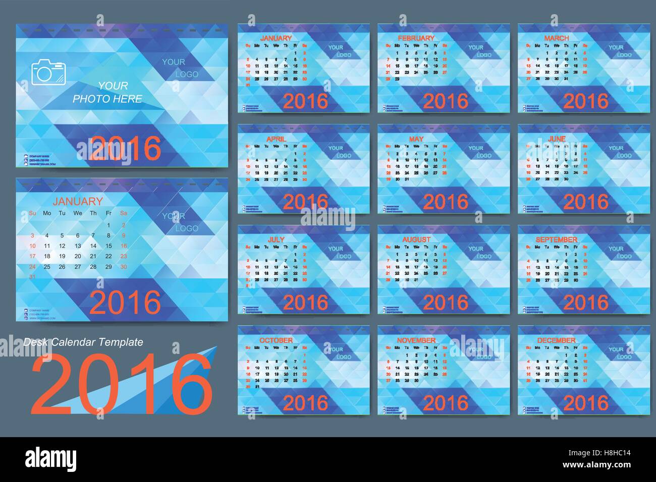 Vector template desk calendar 2016 years. Week starts with sunday Stock ...