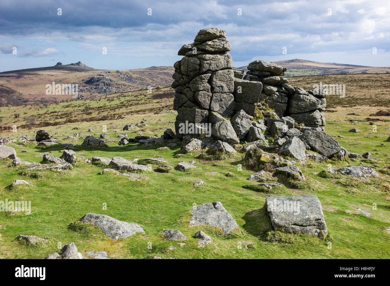 Granite rock outcrop on Hound Tor looking towards Smallacombe Rocks and ...