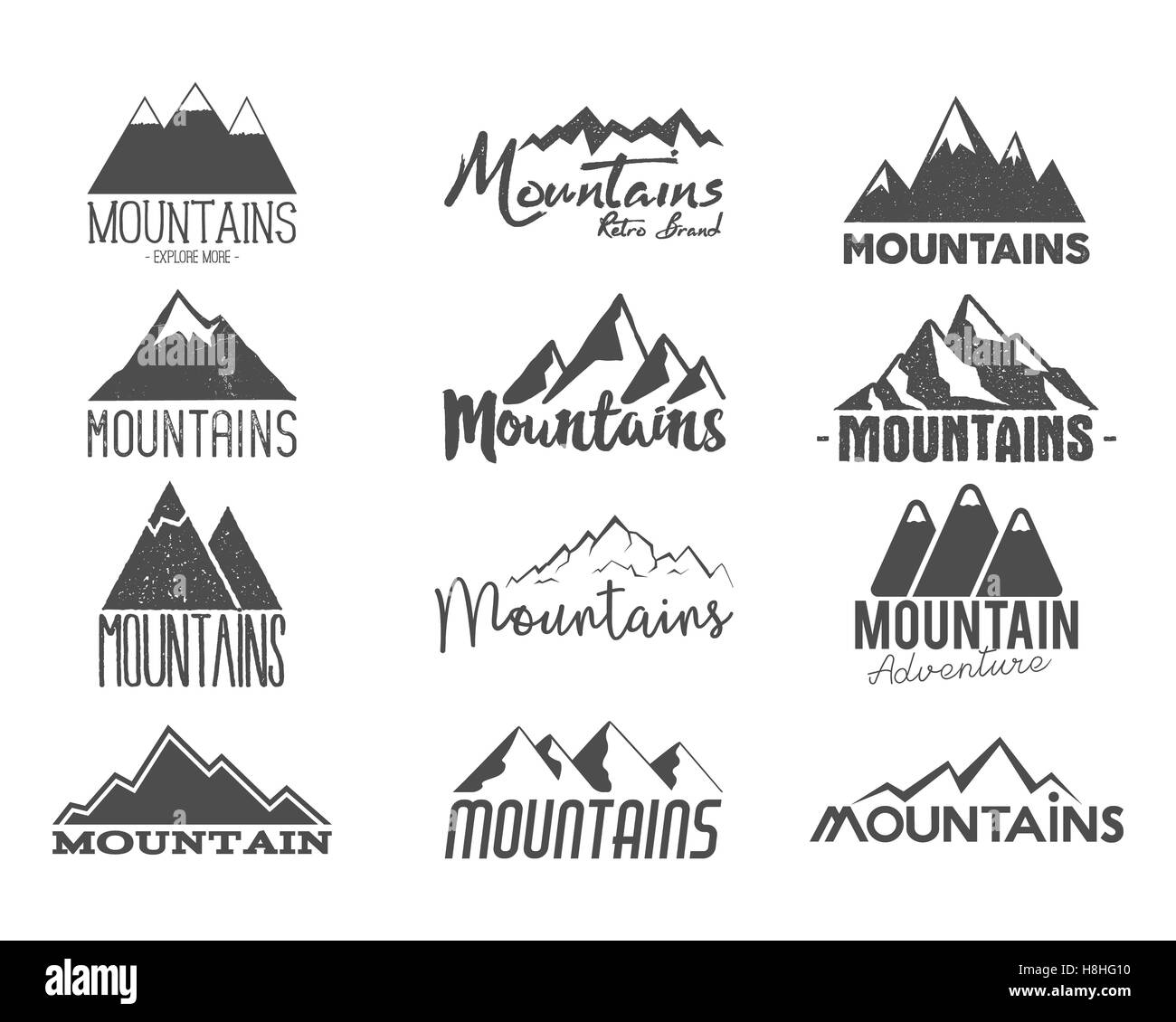 Set of Hand drawn mountains badges. Wilderness old style typography ...