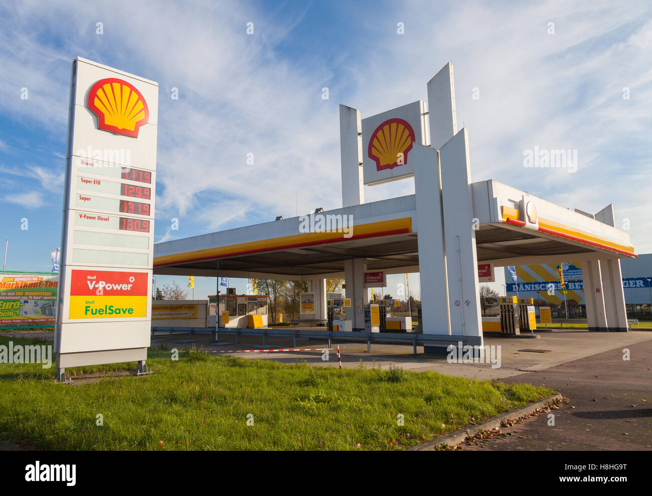 BURG / GERMANY - NOVEMBER 13, 2016: Shell gas station sign. Shell is an ...