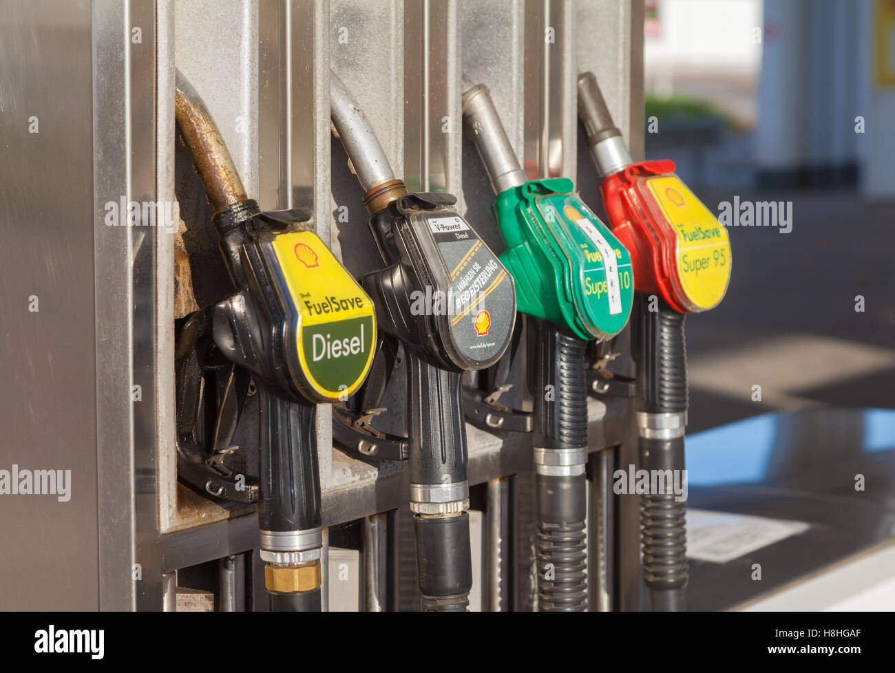BURG / GERMANY - NOVEMBER 13, 2016: Filling nozzles at a Shell gas ...