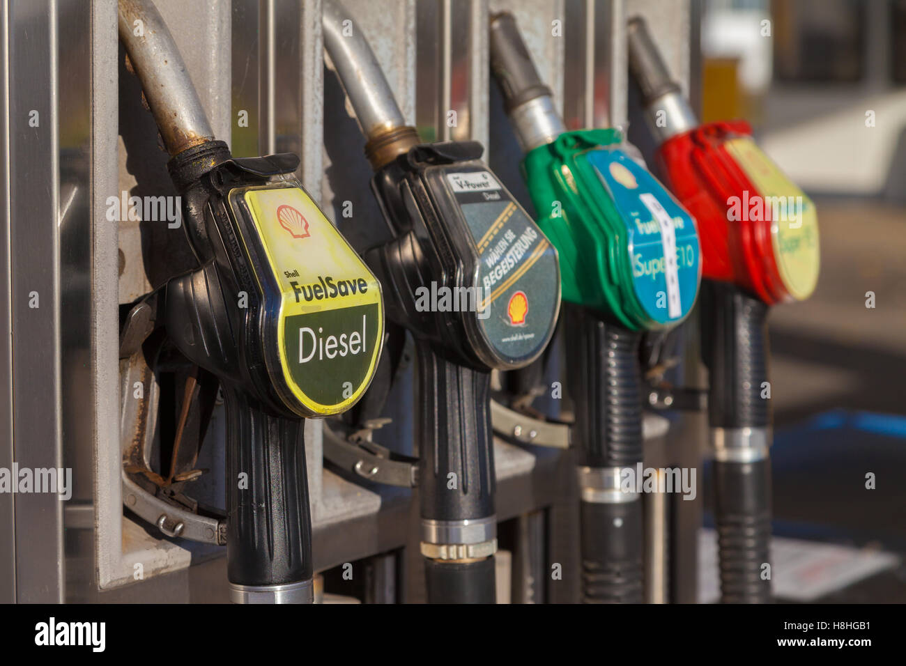 BURG / GERMANY - NOVEMBER 13, 2016: Filling nozzles at a Shell gas ...