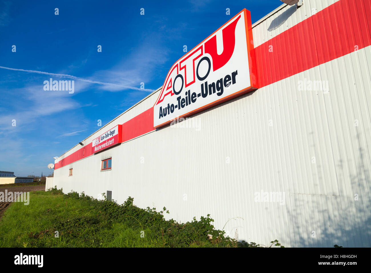 BURG / GERMANY - NOVEMBER 13, 2016: A.T.U sign at shop. A.T.U is a ...