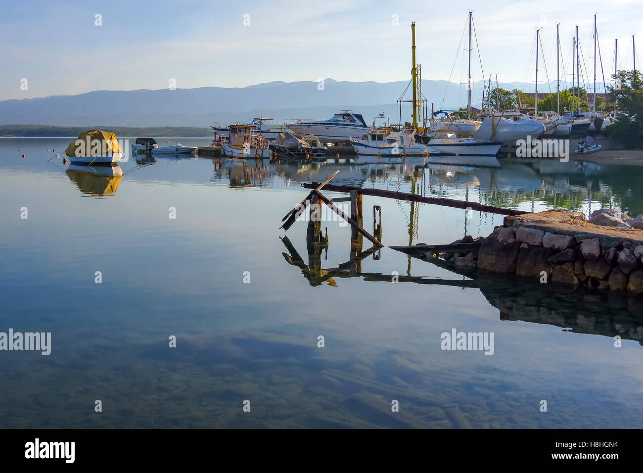 Traditional small town ship yard and marina in the morning, a decayed ...