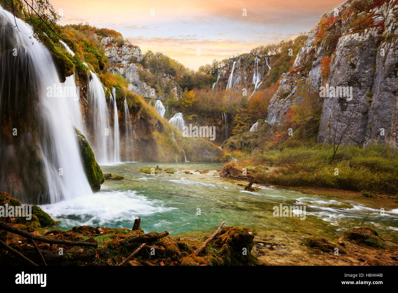 Beautiful waterfall at Plitvice National Park in Croatia Stock Photo ...