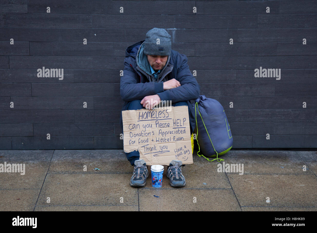 Request for help from street homeless man, homelessness, rough sleeper ...