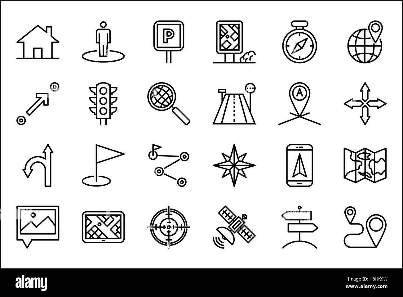 Navigation Thin Line Related Icons Set on White Background. Simple Mono ...
