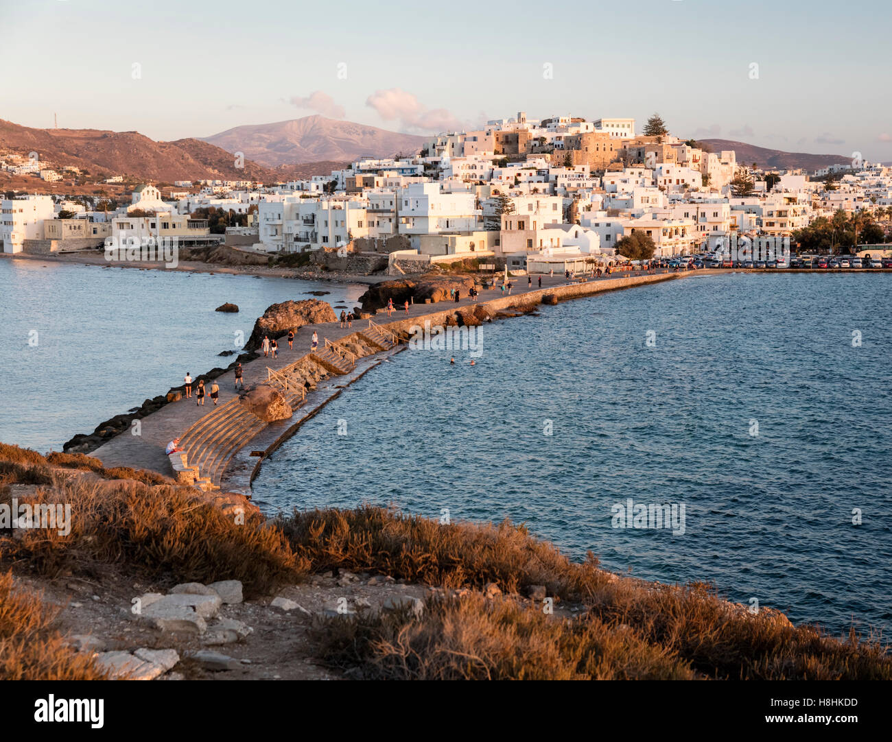 View of Naxos town from the Temple of Apollo at sunset. Naxos island in ...