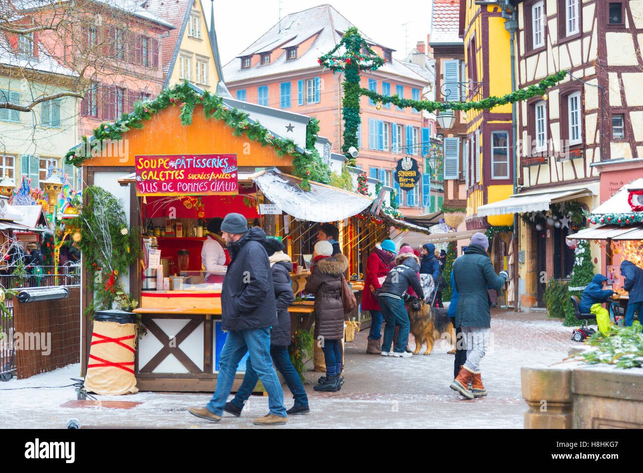 Historic Christmas market in the center of Colmar, wine route, Alsace ...