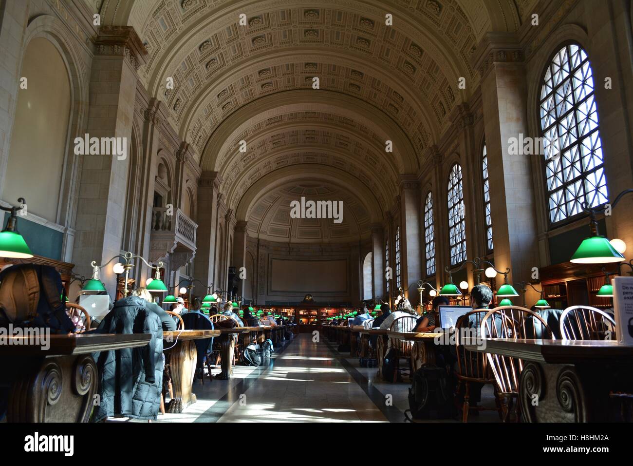 A view inside the iconic Bates Hall of the Boston Public Library in ...