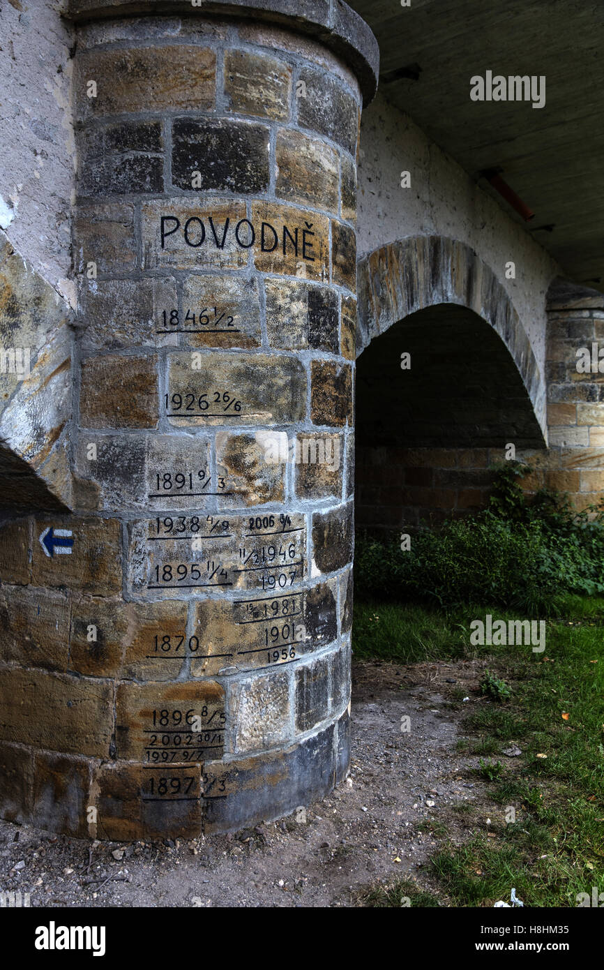 Podebrady, flood marks on bridge piers Stock Photo - Alamy