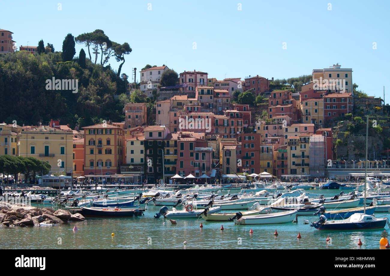 The seaside village of Lerici, overlooking the blue sea with its multi ...