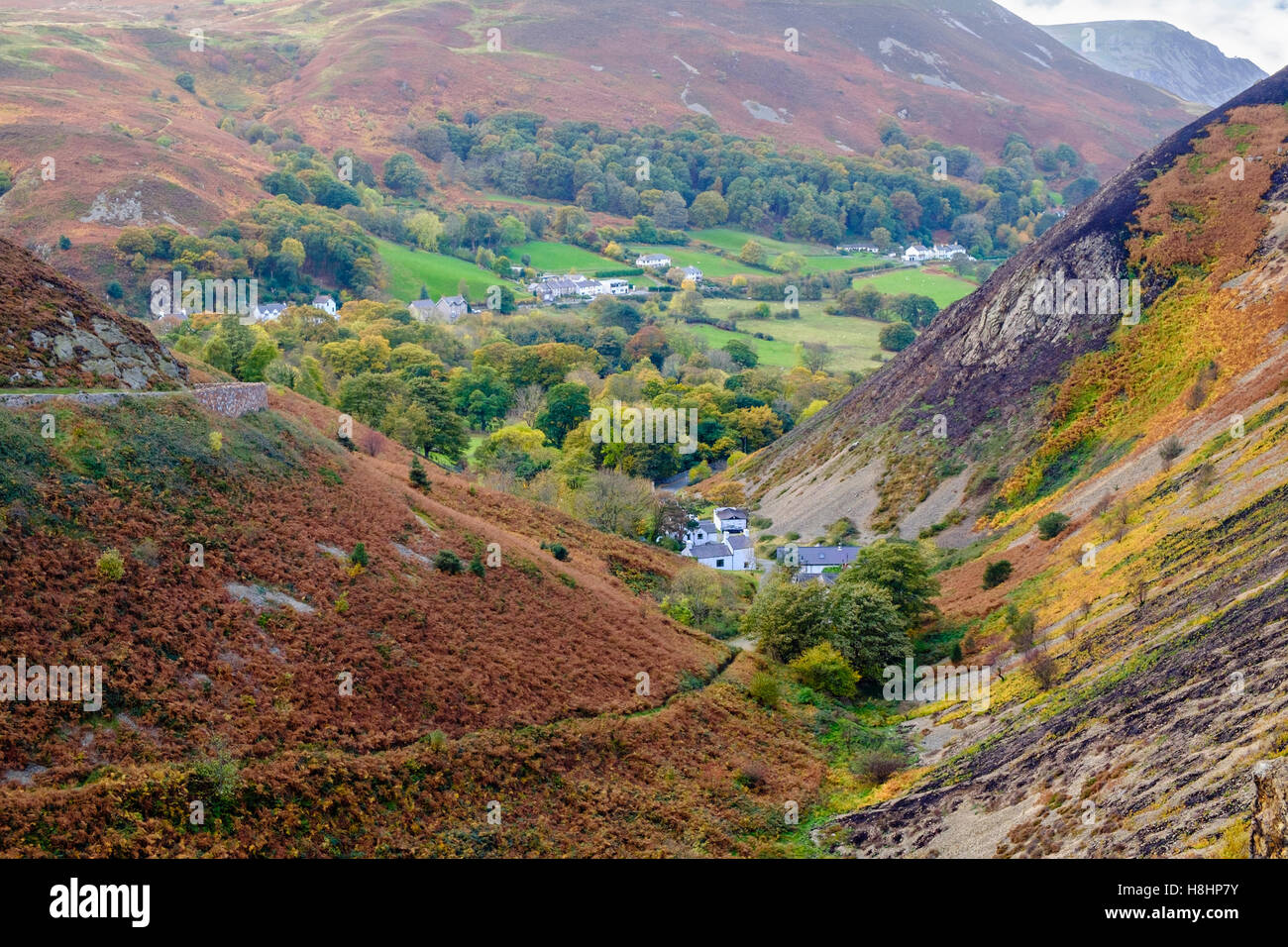 View down Sychnant Pass in autumn in hills of northern Snowdonia ...